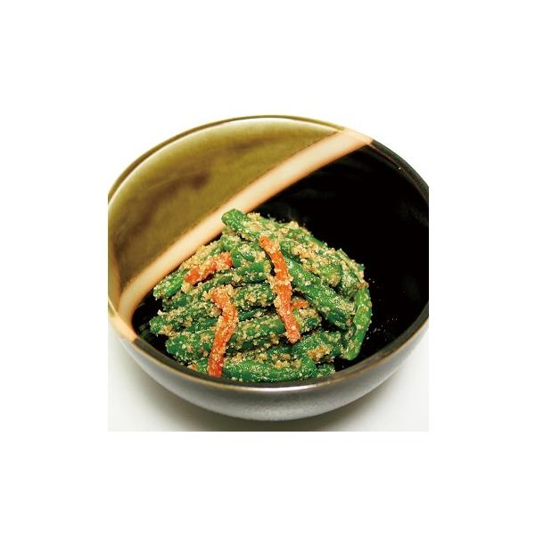 インゲンを特別焙煎のごまと和えました。香ばしいごまの香りが食欲を誘う一品です。◇最終加工地：日本(三重)◇主要原材料：インゲン(タイ)、ごま、砂糖、人参、粉末白しょう油(小麦・大豆を含む)、つゆ(小麦・大豆を含む)、かつお調味料(乳成分を含...