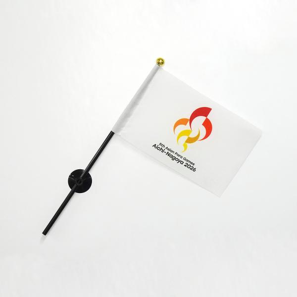 第5回アジアパラ競技大会 公式ライセンス商品  大会エンブレムのミニフラッグ タテヨコ2WAYに設置できる吸盤付き  【基本仕様】 フラッグサイズ：10.5×15.7cm フラッグ生地：ポリエステルポールサイズ：27cm（黒PVC製・太さ直...