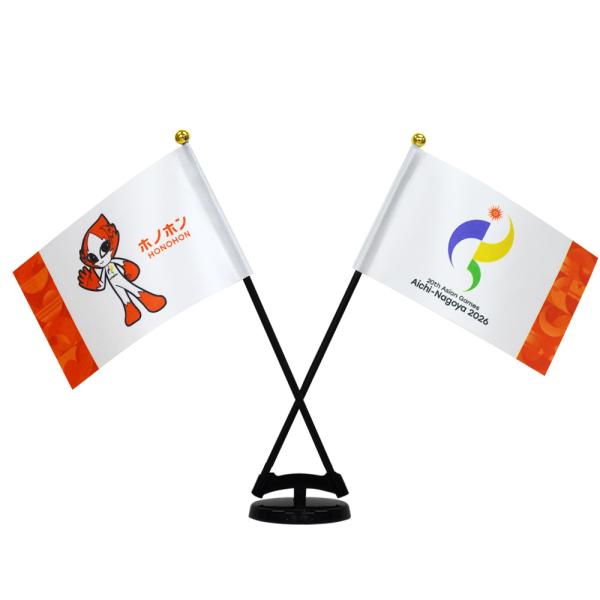第20回アジア競技大会 公式ライセンス商品   大会マスコット ホノホンと大会エンブレムの2本立てミニフラッグセット  【基本仕様】 フラッグサイズ：10.5×15.7cm フラッグ生地：ポリエステル ポールサイズ：27cm（黒PVC製・太...