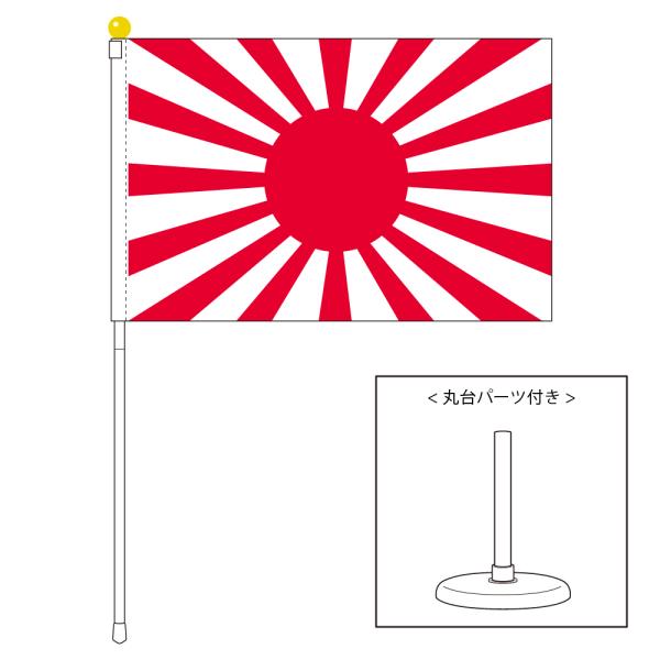 ●セット内容（基本仕様） 国旗：テトロン製（サイズ25×37.5cm）ポール：53cm×1cm（2段式組立式・プラスチック・金色玉付き） スタンド：プラスチック製（直径9.5cｍ・ウエイト入り・10cm接続ポール付き）設置時の高さ約64cm