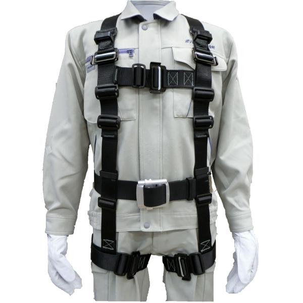 差込み式バックル仕様　カラー：黒　胸・ももバックル：スチール製差込み式　質量：Mサイズ1040g・Lサイズ1070g・LLサイズ1100g　●背中のベルトが1本なので胴ベルトに工具類を取り付けるスペースを確保できる　●もも水平型は股関節に圧...