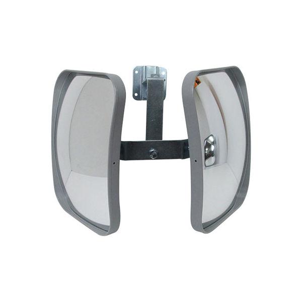 角度自在で左右確認がしやすく取り付け簡単な2面鏡タイプの小型ミラー。屋外・室内ともＯＫ！車庫（ガレージ）の出入り口にご使用頂けます。鏡面裏は飛散防止加工済みです。