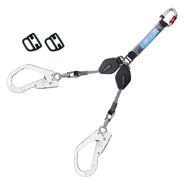 小型・軽量の巻取式ランヤード。ランヤード長さはいつも最短で作業の邪魔になりません。主ランヤード／構造物側  織ロープ巻取式 幅18mm×長さ 1,600mm／フック FS-93SV （軽量・SV回転）副ランヤード／構造物側  織ロープ巻取式...