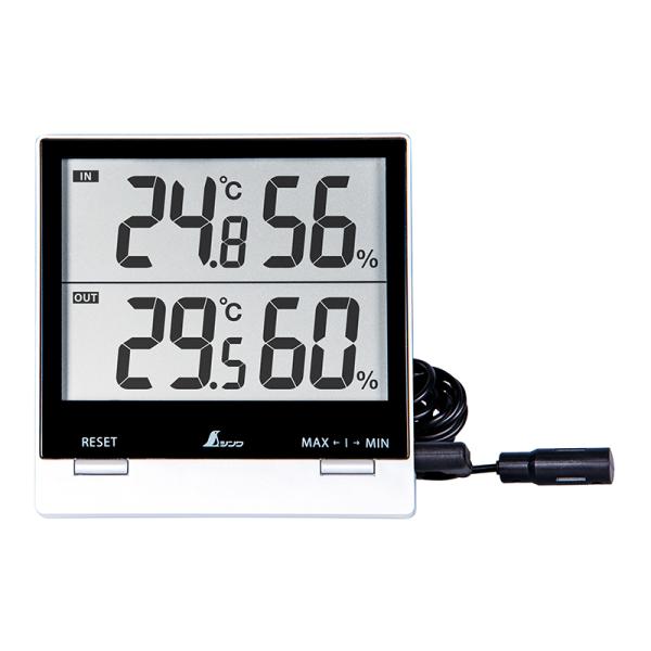 室内（IN）と室外（OUT）の温度と湿度を同時に表示します。　広い視野角で明るさ、映り込みにくさ、フォントにこだわった液晶表示です。　スタイリッシュな外見のフラットサーフェスモデルです。見栄えにこだわりたい空間の温度・湿度管理に最適です。　...