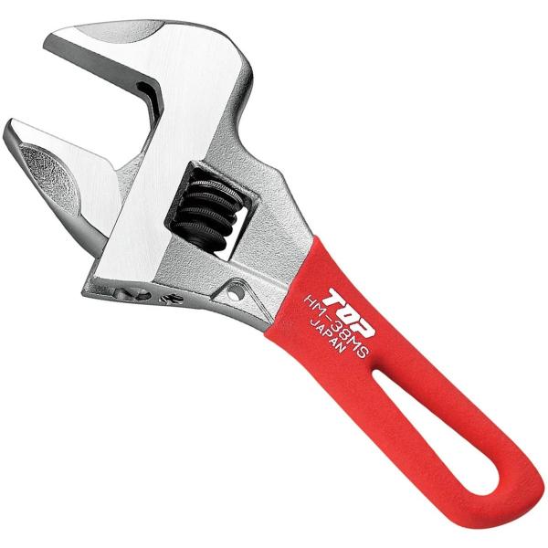 各種ボルト・ナットの着脱に便利なショートワークワイドモンキレンチです。特に狭い場所での作業効率を高める設計で、最大口開き38mmのワイドサイズに対応しています。【商品説明】このモンキレンチは、TOP工業独自のガタ無しウォームを搭載し、バック...