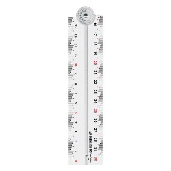 ●本体：AS樹脂 ●1mm単位の目盛が見やすい階段状目盛です。 ●偶数飛びで数値を把握できる2mm点目盛です。 ●数値を瞬時に把握できる連続追い数字です。 ●折りたたみ式で収納に便利です。 ●便利な分度器目盛付(0-180°)です。 ●寸法...