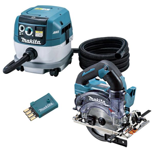 マキタの無線連動集じん機VC0840(粉じん専用)と、125mm充電式防じんマルノコKS516DZ(ダストカバー仕様・集じん機接続専用)を、ワイヤレスユニットA-66151でAWS対応として使える3点セットです。工具側にユニットを装着して機...