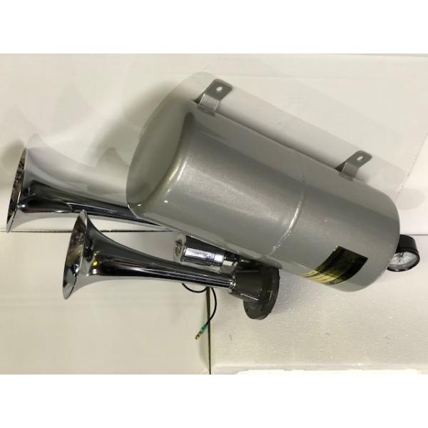 電圧：12V / 24V共用定格電流：12V(3A以下) / 24V(6A以下)周波数：HIGH : 570Hz LOW : 430H使用圧力: 981kPa以下ホーンサイズ：305mmタンクサイズ：3.5L付属品： 説明書・保証書ヤンキー...