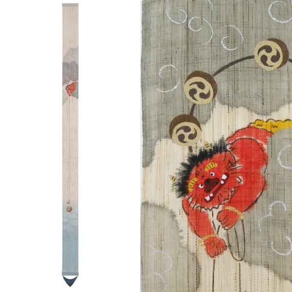 空間を華やかに彩り、和のモダンインテリアを演出する手染め麻細タペストリー。大津絵の人気画題の一つで、油断は禁物という教訓の図。 日本に昔から伝わる教訓を絵でわかりやすく伝える大津絵のひとつ。雷様が太鼓を落とし慌てて吊り上げようとする図で、ど...