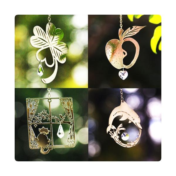 ■素材：ニッケルプレート、クリスタルグラス■サイズ：ドルフィン（約5.2×3.8cm）ムーン&amp;スター（約5.5×4.7cm）アップル（約4.6×4.5cm）クローバー（約5.5×4.0cm）窓辺ネコ（約4.7×3.8cm）ふくろう（...