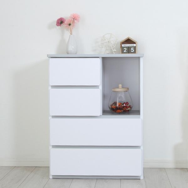 [材質]:強化プリント紙化粧繊維板[カラー]:ホワイト×グレー、ナチュラル[商品サイズ]:・外寸：幅59cm×奥行35.5cm×高さ77cm・小引き出し内寸：幅26.5cm×奥行28cm×高さ12.5cm・大引き出し内寸：幅52cm×奥行2...