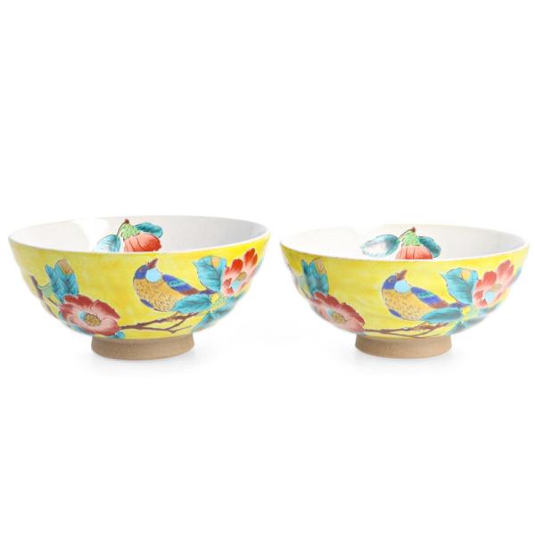 商品名：九谷焼 組飯碗 吉田屋椿に鳥＜約360年続く歴史ある、九谷焼の世界＞九谷焼の特徴は、「呉須（ごす）」とよばれる藍青色で線描きし、「五彩」とよばれる、赤・黄・緑・紫・紺青の5色での絵の具を厚く盛り上げて塗る彩法です。絵柄は大胆な上絵付...