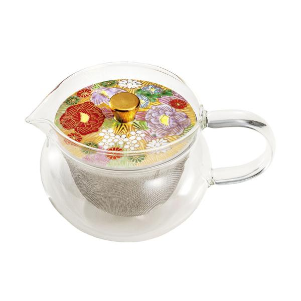 商品名：九谷焼 九谷和 ポット NAGOMI POT 金花詰 赤（茶こし付）＜九谷焼の伝統美×耐熱ガラス。和やかなお茶タイムを＞華やかな九谷焼の絵付けと、すっきりとした耐熱ガラスの本体。伝統とモダンが調和した、美しく新鮮なデザインの和ポット...