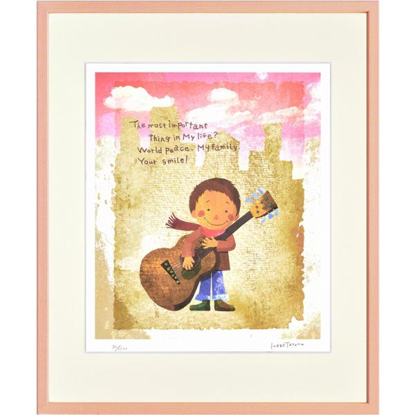 商品名 ジークレー版画 額付き絵画 はりたつお作 「ギターと少年」シートサイズ:四ッ切:約424X348mmマットの窓枠寸法:約310X263mm額縁外寸:約440X365X25mm仕様 ジークレー版画、木製額縁、2mm厚マット、ガラス、吊...