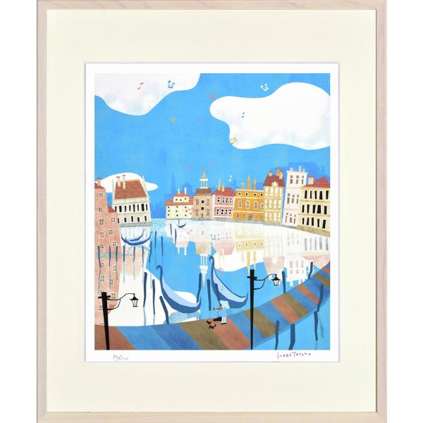 商品名 ジークレー版画 額付き絵画 はりたつお作 「水の都」シートサイズ:四ッ切:約424X348mmマットの窓枠寸法:約310X263mm額縁外寸:約440X365X25mm仕様 ジークレー版画、木製額縁、2mm厚マット、ガラス、吊り金具...