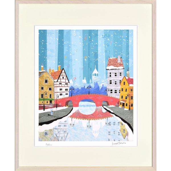 商品名 ジークレー版画 額付き絵画 はりたつお作 「赤い煉瓦橋」シートサイズ:四ッ切:約424X348mmマットの窓枠寸法:約310X263mm額縁外寸:約440X365X25mm仕様 ジークレー版画、木製額縁、2mm厚マット、ガラス、吊り...