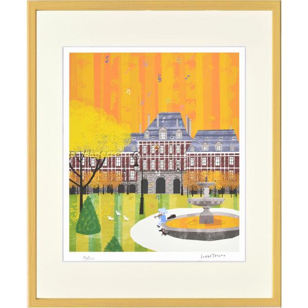 商品名 ジークレー版画 額付き絵画 はりたつお作 「噴水広場」シートサイズ:四ッ切:約424X348mmマットの窓枠寸法:約310X263mm額縁外寸:約440X365X25mm仕様 ジークレー版画、木製額縁、2mm厚マット、ガラス、吊り金...