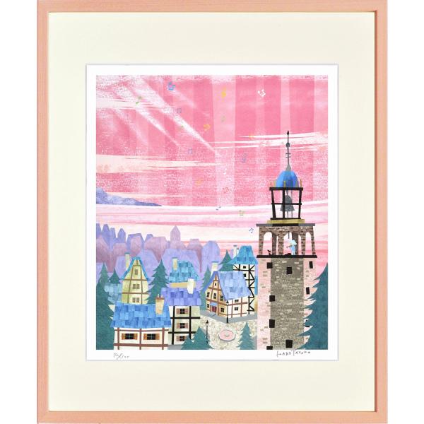 商品名 ジークレー版画 額付き絵画 はりたつお作 「鐘つきの塔」シートサイズ:四ッ切:約424X348mmマットの窓枠寸法:約310X263mm額縁外寸:約440X365X25mm仕様 ジークレー版画、木製額縁、2mm厚マット、ガラス、吊り...