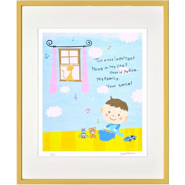 商品名 ジークレー版画 額付き絵画 はりたつお作 「小さなコンサート」シートサイズ:四ッ切:約424X348mmマットの窓枠寸法:約310X263mm額縁外寸:約440X365X25mm仕様 ジークレー版画、木製額縁、2mm厚マット、ガラス...