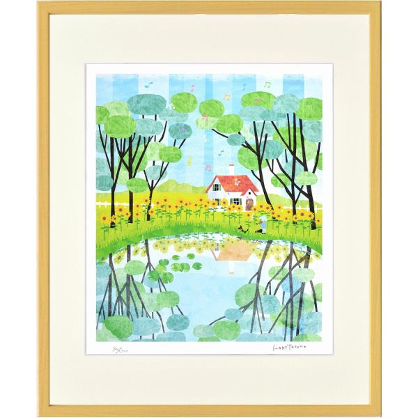 商品名 ジークレー版画 額付き絵画 はりたつお作 「ひまわり2」シートサイズ:四ッ切:約424X348mmマットの窓枠寸法:約310X263mm額縁外寸:約440X365X25mm仕様 ジークレー版画、木製額縁、2mm厚マット、ガラス、吊り...