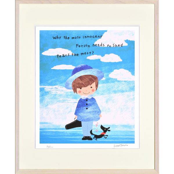 商品名 ジークレー版画 額付き絵画 はりたつお作 「まーちゃん」シートサイズ:四ッ切:約424X348mmマットの窓枠寸法:約310X263mm額縁外寸:約440X365X25mm仕様 ジークレー版画、木製額縁、2mm厚マット、ガラス、吊り...