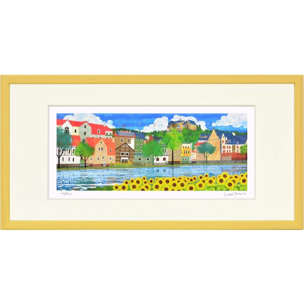 商品名 ジークレー版画 額付き絵画 はりたつお作 「夏のマールブルクとひまわり」シートサイズ:約400X200mmマットの窓枠寸法:約290X135mm額縁外寸:約420X220X25mm重さ:約670g仕様 ジークレー版画、木製額縁、2m...