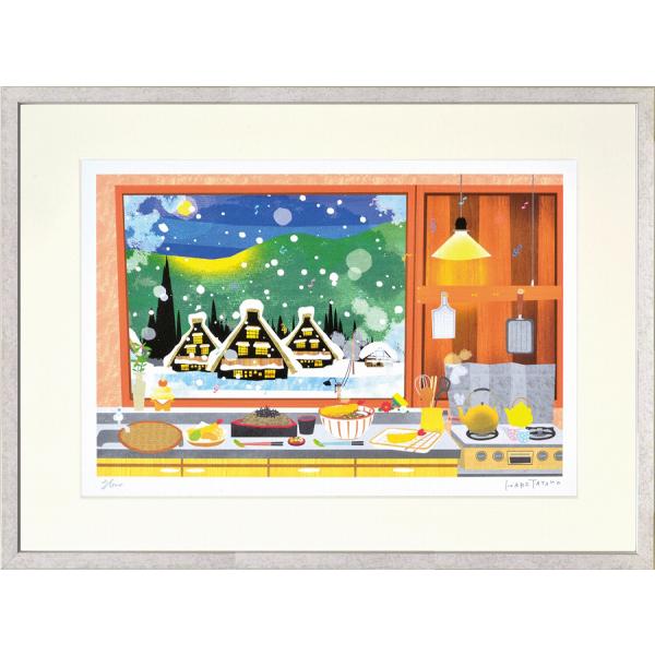 商品名 ジークレー版画 額付き絵画 はりたつお作 「日本の食卓」シートサイズ:三三:約606X455mmマットの窓枠寸法:約485X340mm額縁外寸:約630X480X25mm仕様 ジークレー版画、木製額縁、2mm厚マット、UVカットアク...