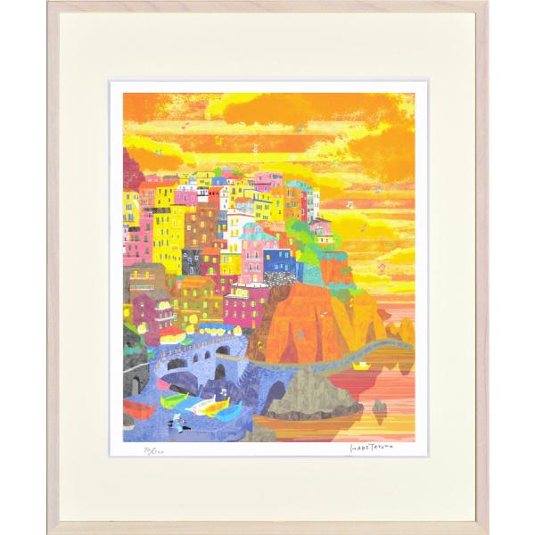 商品名 ジークレー版画 額付き絵画 はりたつお作 「チンクエ・テッレマナローナ(イタリア) タテ」シートサイズ:四ッ切:約424X348mmマットの窓枠寸法:約310X263mm額縁外寸:約440X365X25mm仕様 ジークレー版画、木製...