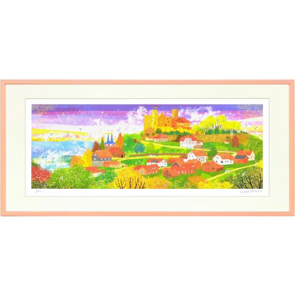 商品名 ジークレー版画 額付き絵画 はりたつお作 「ハンシュタイン城」シートサイズ:約720X330mmマットの窓枠寸法:約620X255mm額縁外寸:約740X350X25mm重さ:約1330g仕様 ジークレー版画、木製額縁、2mm厚マッ...