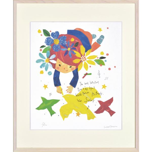 商品名 ジークレー版画 額付き絵画 はりたつお作 「Peace Flower」シートサイズ:四ッ切:約424X348mmマットの窓枠寸法:約310X263mm額縁外寸:約440X365X25mm仕様 ジークレー版画、木製額縁、2mm厚マット...