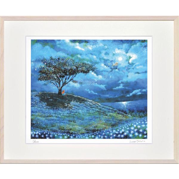 商品名 ジークレー版画 額付き絵画 はりたつお作 「旅立ち(ネモフィラ)」シートサイズ:四ッ切:約424X348mmマットの窓枠寸法:約310X263mm額縁外寸:約440X365X25mm仕様 ジークレー版画、木製額縁、2mm厚マット、ガ...