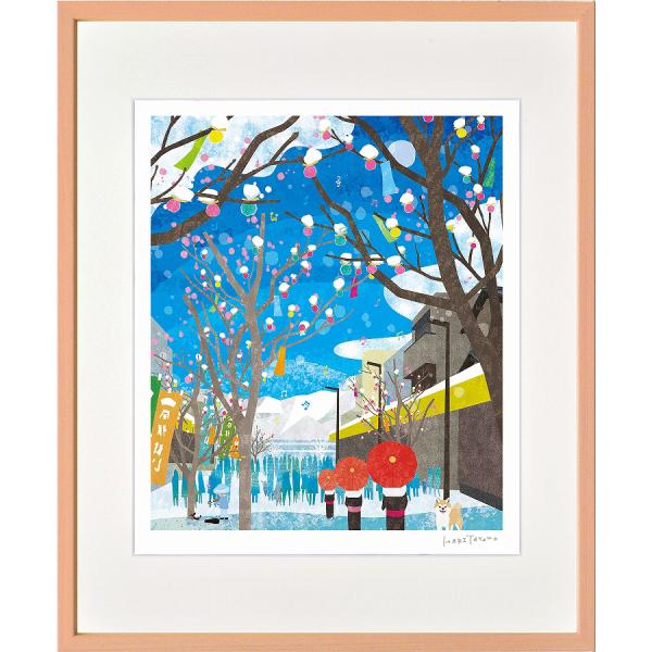 商品名 ジークレー版画 額付き絵画 はりたつお作 「大館アメッコ市」シートサイズ:四ッ切:約424X348mmマットの窓枠寸法:約310X263mm額縁外寸:約440X365X25mm仕様 ジークレー版画、木製額縁、2mm厚マット、ガラス、...