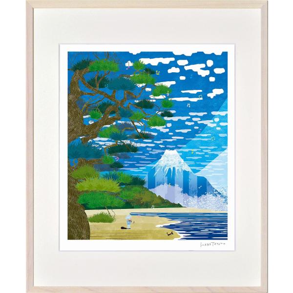 商品名 ジークレー版画 額付き絵画 はりたつお作 「三保松原」シートサイズ:四ッ切:約424X348mmマットの窓枠寸法:約310X263mm額縁外寸:約440X365X25mm仕様 ジークレー版画、木製額縁、2mm厚マット、ガラス、吊り金...