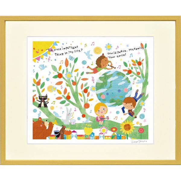 商品名 ジークレー版画 額付き絵画 はりたつお作 「Our Wish(願い)」シートサイズ:四ッ切:約424X348mmマットの窓枠寸法:約310X263mm額縁外寸:約440X365X25mm仕様 ジークレー版画、木製額縁、2mm厚マット...