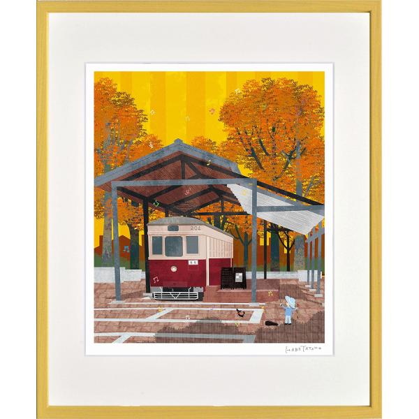 商品名 ジークレー版画 額付き絵画 はりたつお作 「西日本鉄道200形電車」シートサイズ:四ッ切:約424X348mmマットの窓枠寸法:約310X263mm額縁外寸:約440X365X25mm仕様 ジークレー版画、木製額縁、2mm厚マット、...