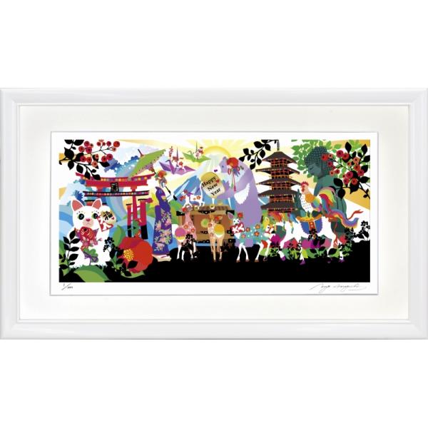 商品名 ジークレー版画 額付き絵画 ホラグチカヨ 「new year」シートサイズ:630X355mm仕様 ジークレー版画、樹脂製額縁、2mm厚マット、UVカットアクリル、吊り金具、ケース・額装品は生産の関係上、予告なく仕様が変更になる場合...