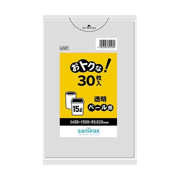 【商品名】 (まとめ) 日本サニパック おトクな！ ゴミ袋 透明 15L U18T 1パック(30枚) 【×20セット】 【ジャンル・特徴】 【低密度ポリエチレン(ツルツル)】増量タイプのゴミ袋 [ U18T ]