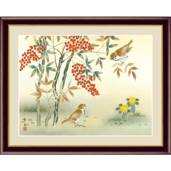 材質本紙：新絹本額縁：木製前面カバー：アクリルサイズ：額縁外寸約420X340X15mm　絵寸約333X242mm受注生産品厳冬に鮮やかな真紅の実を結ぶ南天や仲睦まじい姿の鴛鴦など、冬の風情を醸し出す愛らしい花鳥画の世界。暮らしに季節感を取...