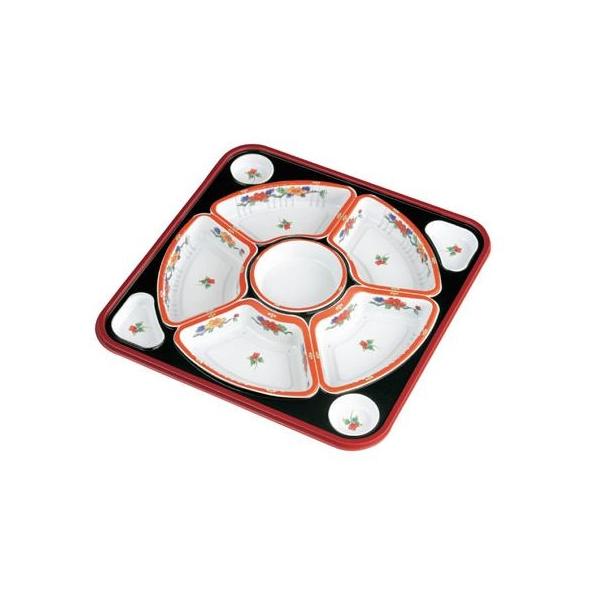 ■美しい柄をあしらった、和風オードブル容器です。【メーカー】アヅミ産業（株）【規格】TO-380有田朱 　388×388×42（52）ｍｍ【材質】本体：ＨＩＰＳ　　ふた：ＯＰＳ【入数】本体・ふた 1０枚入り*大量購入の場合はお値引き可能な場...