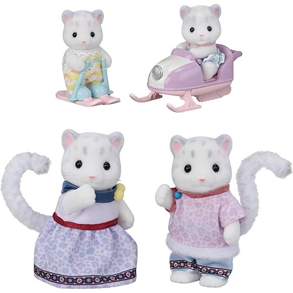 白くてふわふわの毛と長いしっぽが特徴のゆきヒョウファミリーです。お父さん、お母さん、お揃いのロンパースを着た赤ちゃんふたりと小物のセットです。お洋服は優しい色合いのレオパード柄。赤ちゃんスノーモービルに赤ちゃんを乗せて遊べます。スキー遊びも...