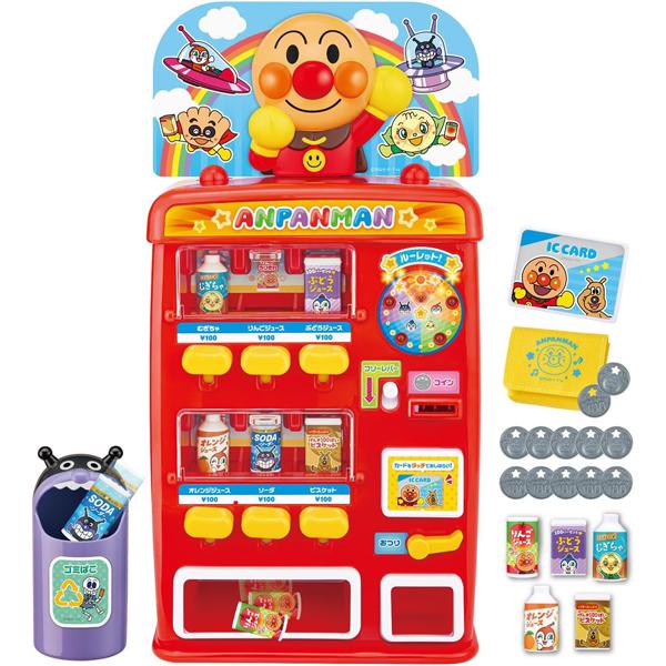 ジュースもおかしも買っちゃおう♪コインかICカードか支払い方法を選べる本物みたいに遊べる自動販売機！コインを入れると「チャリン♪」タッチパネルにカードを押し当てると「ピピッ♪」と鳴ってアンパンマンのおしゃべりとメロディが流れます。選んで買っ...