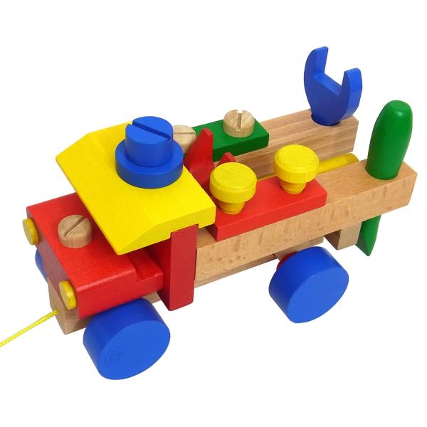 チェコ共和国製のカラフルな「ツールトラック」です。トラックの荷台に設置された木製工具を使って、車を分解・組み立て出来ます。木製ハンマーで釘を叩いたり、反対側で釘を抜いたり、木製マイナスドライバーでネジを回したり、レンチで部品を固定することが...