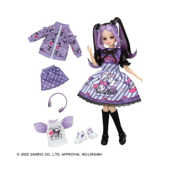 クールなクロミ リカちゃん DX カジュアル＆パープルワンピセット人気のクロミとコラボしたパープルとブラックのMIXヘアのクールなリカちゃんと豪華ドレスが入ったDXセット！パープルとブラックの2色ヘアがポイントの大人っぽいツインテールのリカ...