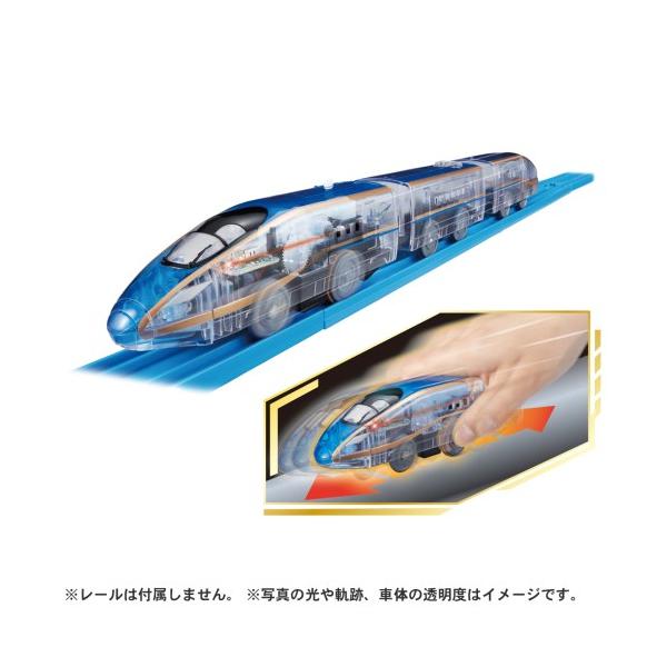 プラレール 電池いらずで出発進行！テコロでチャージ E7系新幹線かがやきスイッチOFFの状態で先頭車を手転がしで前後に動かすことでエネルギーをチャージできます。チャージをしたらスイッチONで電動走行をします。30cmの距離を約2秒で往復する...