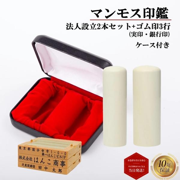マンモスの法人2本セットとそのケース、そして3行のゴム印がセットになった、大変お得な会社設立3点セットです。※2本セットは、実印18mm、銀行印16.5mmでの作成となります。※「彫刻名」は必ずご記入下さいませ。※下記入力フォームでは、2本...