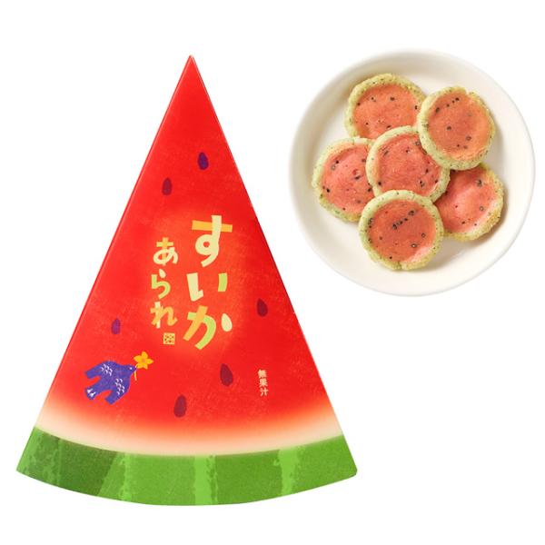 ちいさくてかわいいすいか型のあられがざくざく。すいかの断面をイメージした丸い形で、すいかの皮を青海苔、実を海老、種を黒ごまで表現しています。味は素材の味を引き立てるシンプルなサラダ味です。（すいか味ではありませんので、あしからず・・・）内容...