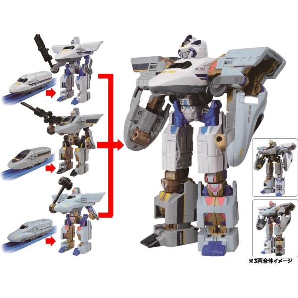 新幹線700系のぞみがシンカリオン700のぞみに、新幹線700系ひかりレールスターがシンカリオン700ひかりレールスターに、新幹線N700みずほがシンカリオンN700みずほに、それぞれ変形します。さらに3体が合体して巨大なシンカリオントリニ...