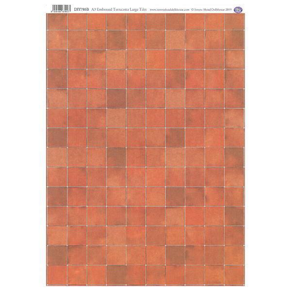 ▼この商品は【ミニチュア雑貨 【英国製】 【エンボス加工】 A3フロアタイルシート ラージテラコッタ [SADIY786B]】です。ドールハウス用のフローリングシートです。サイズは407mm×295mmで、約A3サイズです。厚紙にエンボス加...
