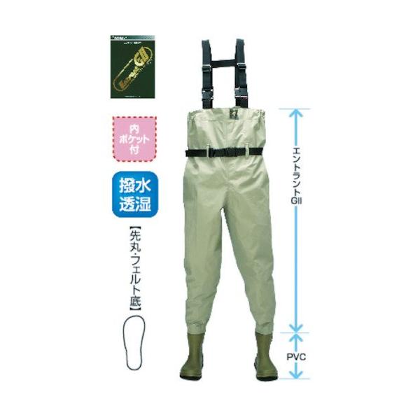 ■メーカー：阪神素地・先丸・フェルト底・素材 胴部:エントラントGII 靴部塩化ビニル・カラー/カーキ透湿素材 エントラントGII使用で、発汗によるいやなムレを減少し快適釣行。ルアーフィッシングにも人気のチェストハイモデル。内側ポケット付き