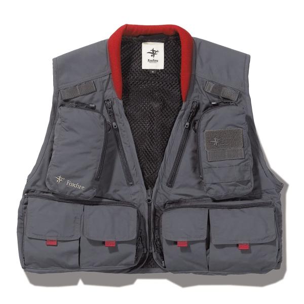 ■メーカー：Foxfire(フォックスファイヤー)収納力の高さが際立つフィッシングベスト・素材：ナイロン100%／裏地:メッシュ(ポリエステル100%)／襟:フライス(ポリエステル100%)・重量：490g・カラー：ダークグレー・サイズ：L...